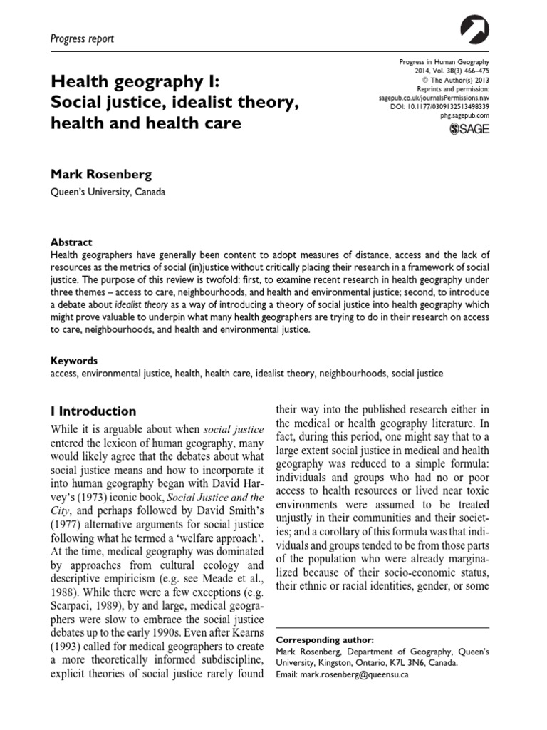 Health Geography I: Social Justice, Idealist Theory, Health and Health ...