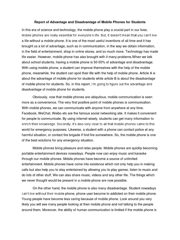 Report of Advantage and Disadvantage of Mobile Phones For Students ...