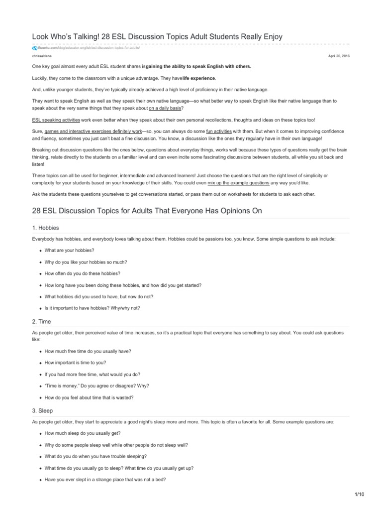 28 Engaging ESL Discussion Topics for Adults | PDF | English As A ...