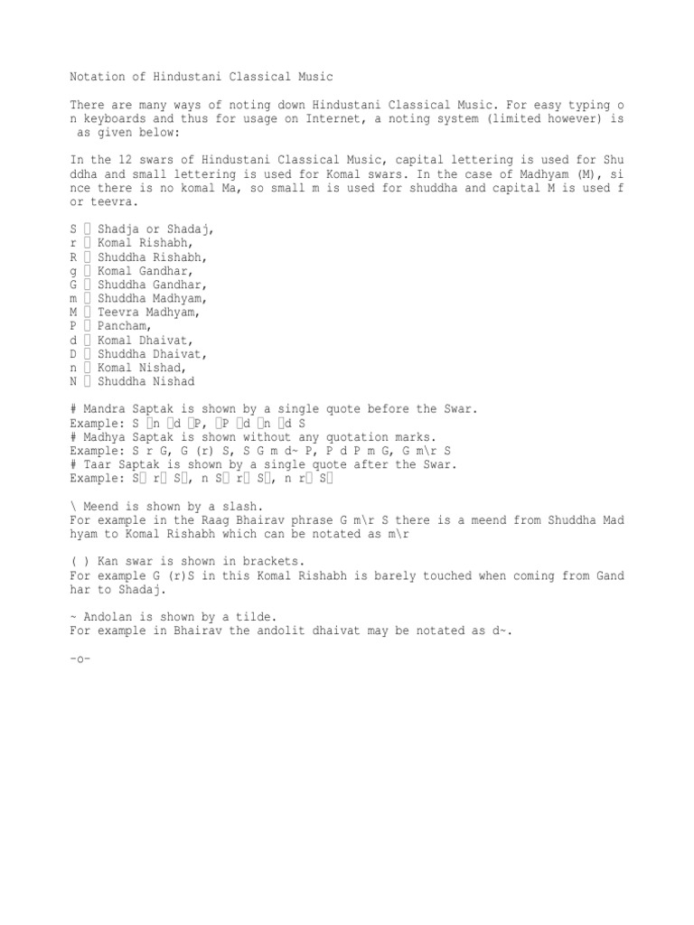 Hindustani Classical Music Notation Guide | PDF | Language Arts ...