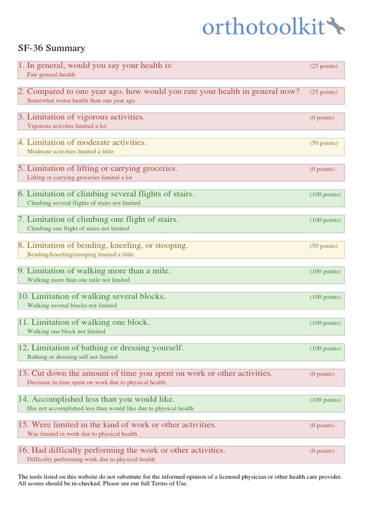SF-36 Health Survey Results Summary | PDF | Pain | Metaphysics Of Mind