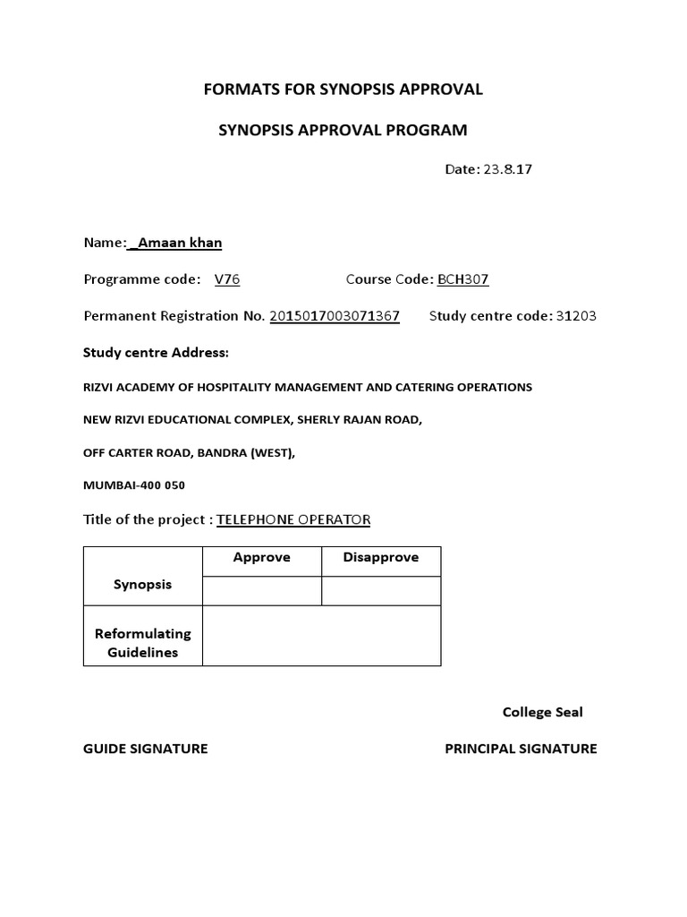 Formats For Synopsis Approval Synopsis Approval Program: Date: 23.8.17 ...