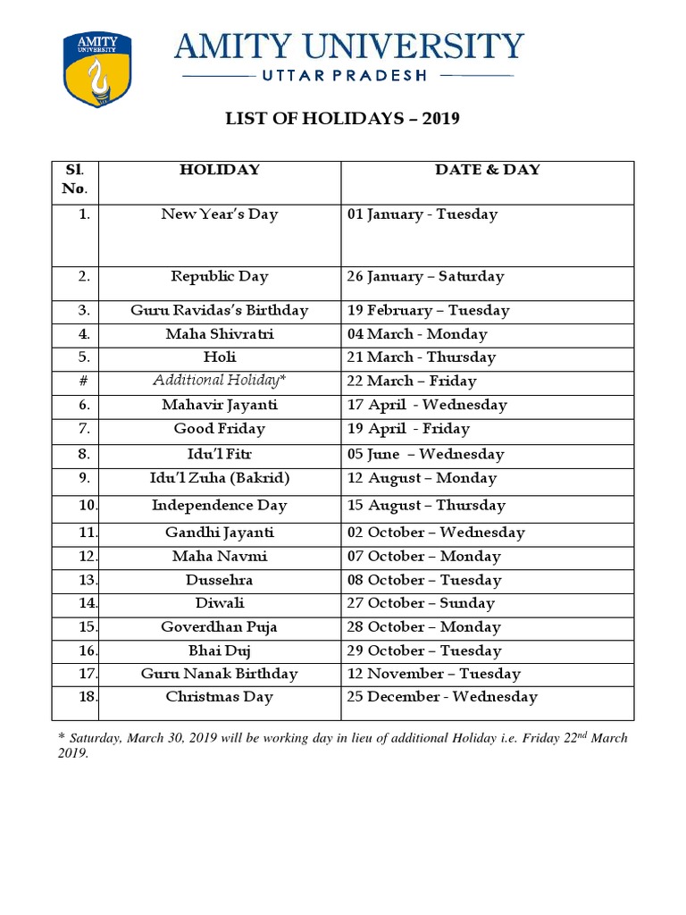 Bf407list of Holidays For Calendar Year 2019 | PDF