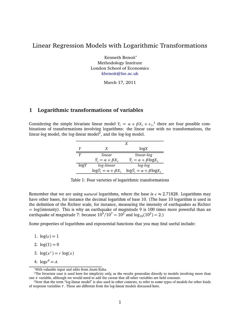 Linear Regression Models With Logarithmic Transformations Pdf Logarithm Logistic Regression