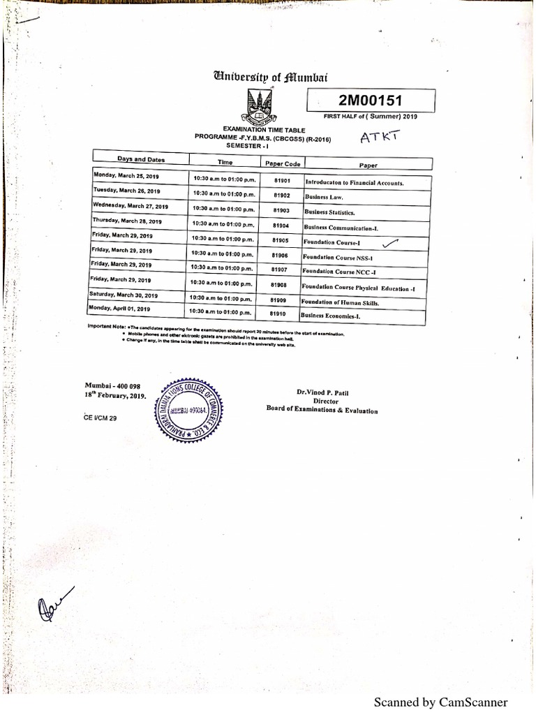 Semester 1 ATKT Examination Time Table March 2019 PDF | PDF