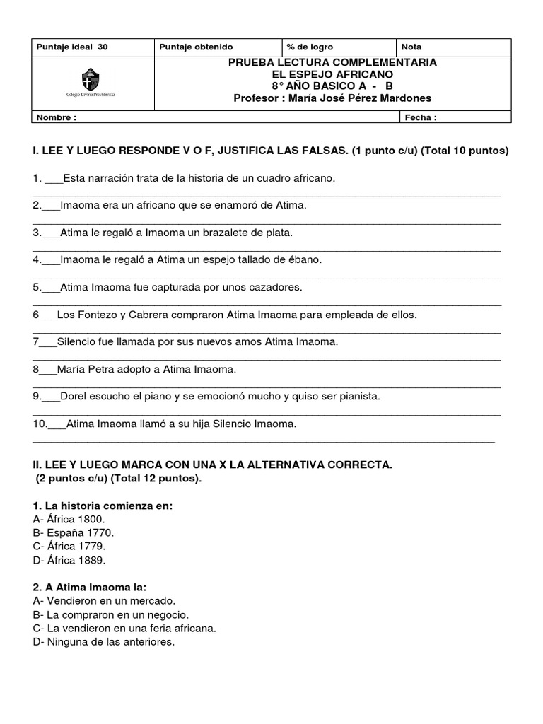 Prueba de Lectura El Espejo Africano 7º | PDF