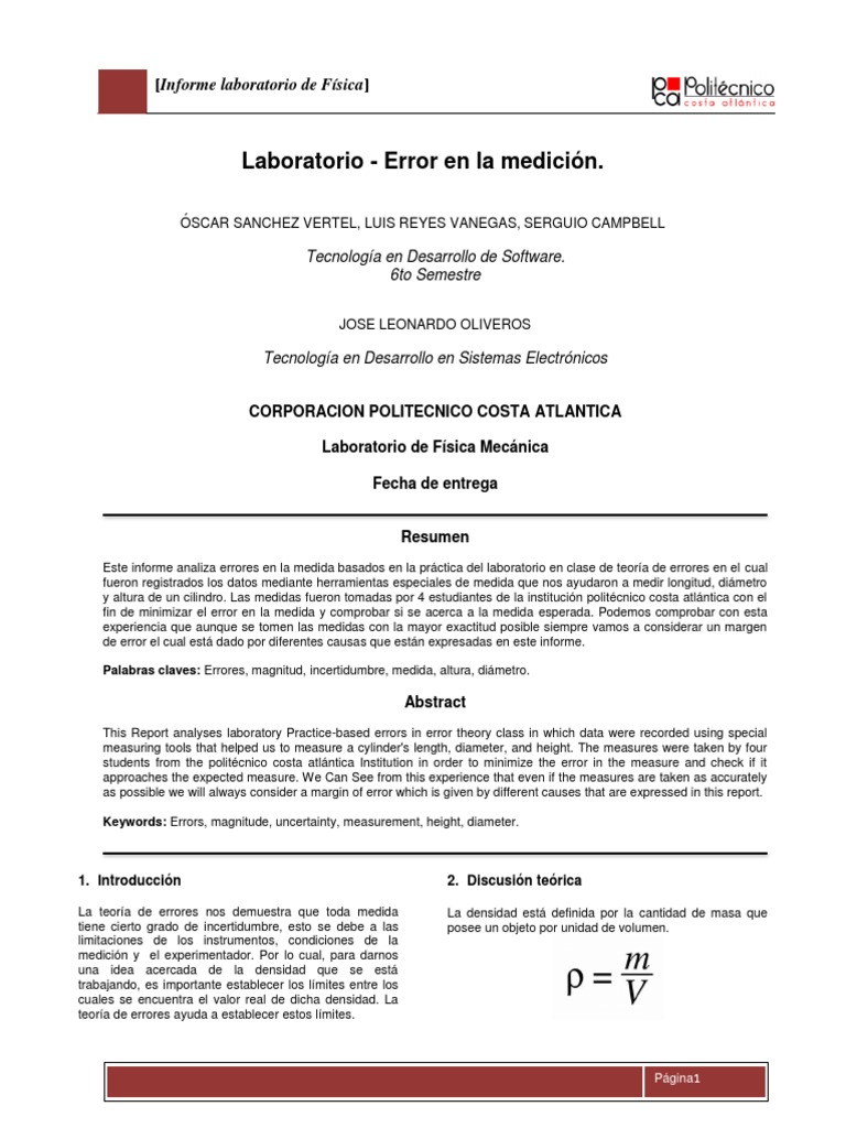 Lab Fisica Mecanica #1 Teoria de Errores | PDF | Medición ...