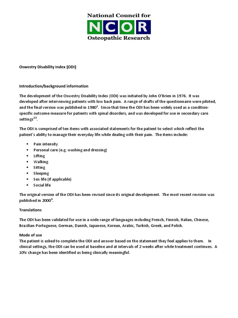 Oswestry Disability Index (ODI) | PDF | Pain | Physical Therapy