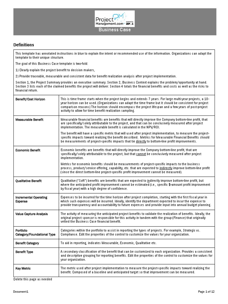 Business Case Template | PDF | Return On Investment | Net Present Value