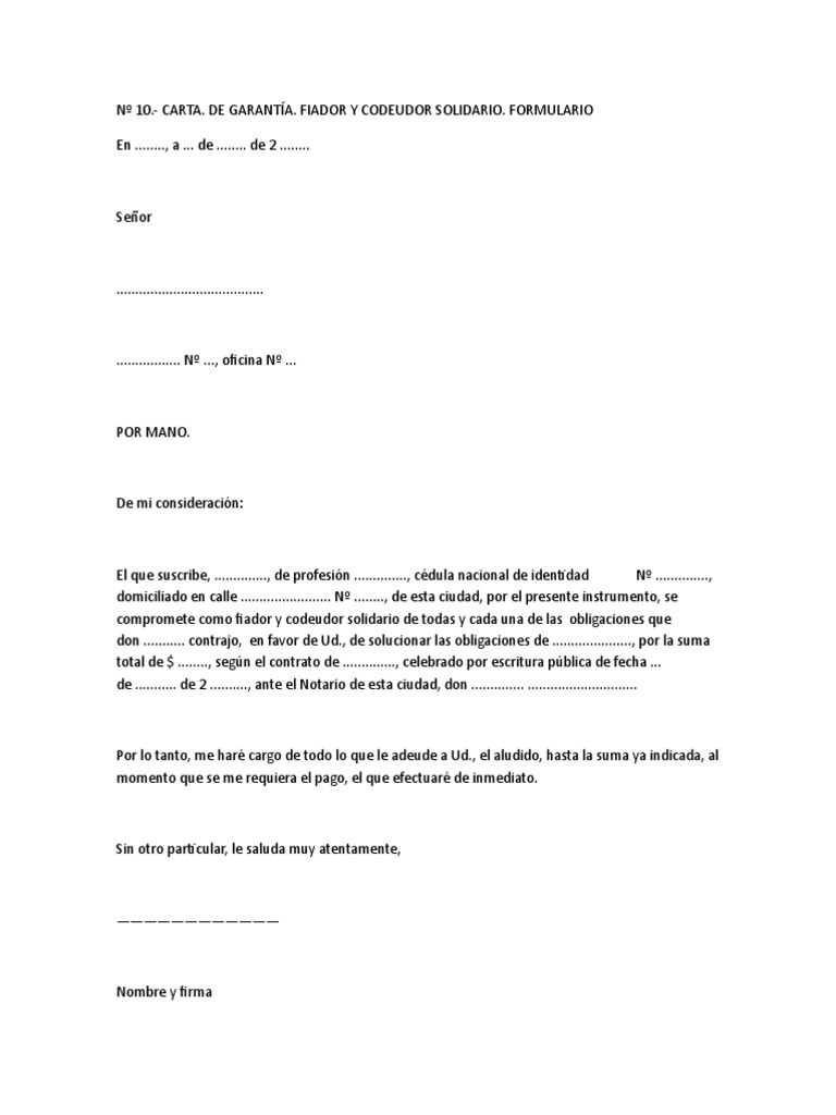 Carta. de Garantía. Fiador y Codeudor Solidario. | PDF