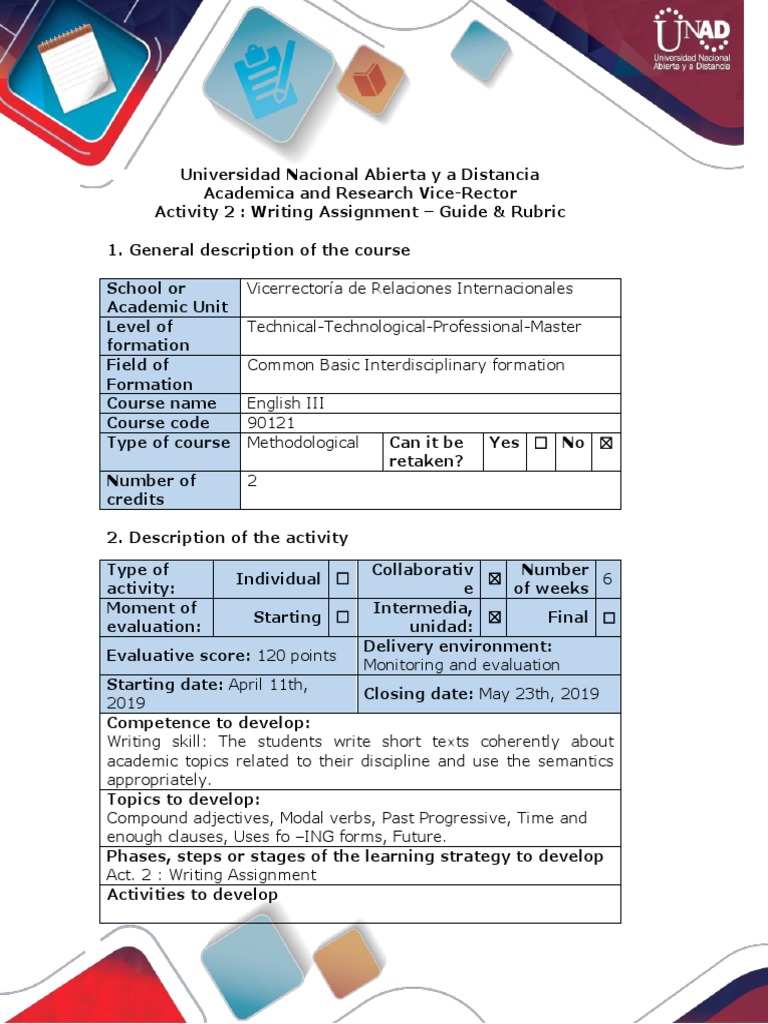 Activity Guide and Evaluation Rubric - Activity 2 Writing Assignment ...