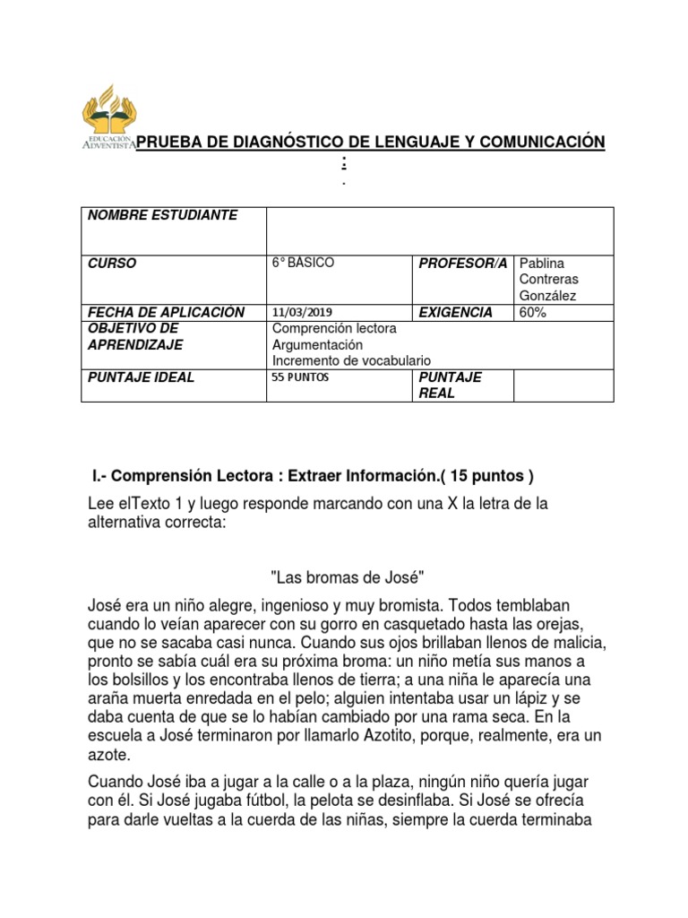 Prueba Diagnóstica de Lenguaje 6° Básico | PDF | Aves | Pollo