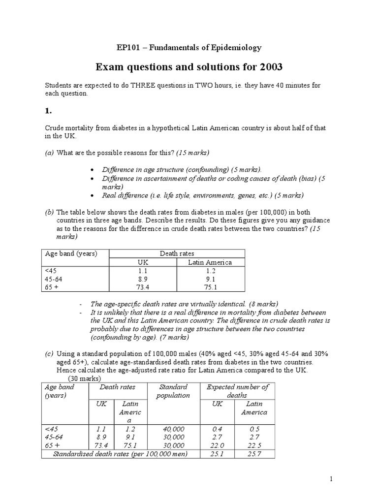 Exam Questions and Solutions For 2003: EP101 - Fundamentals of Epidemiology | PDF | Infection ...