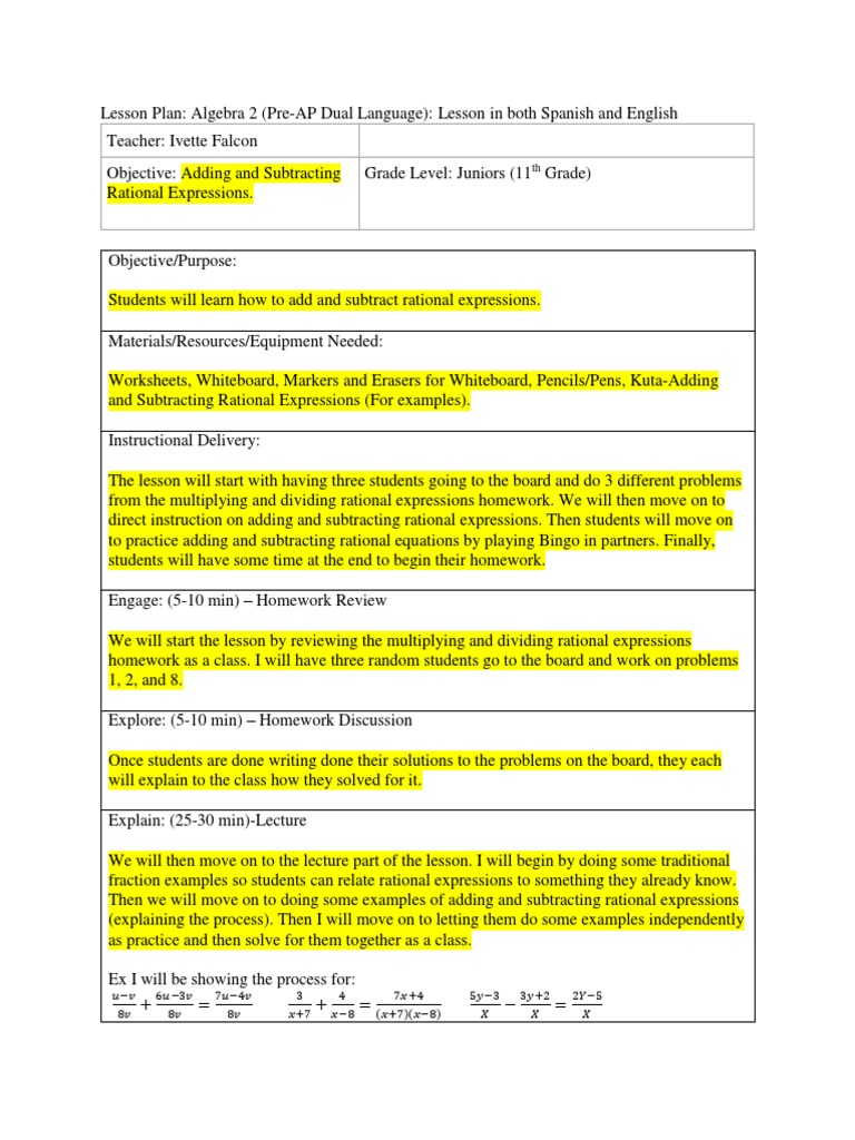 Lesson Plan-Adding and Subtracting Rationals | PDF | Lesson Plan | Homework