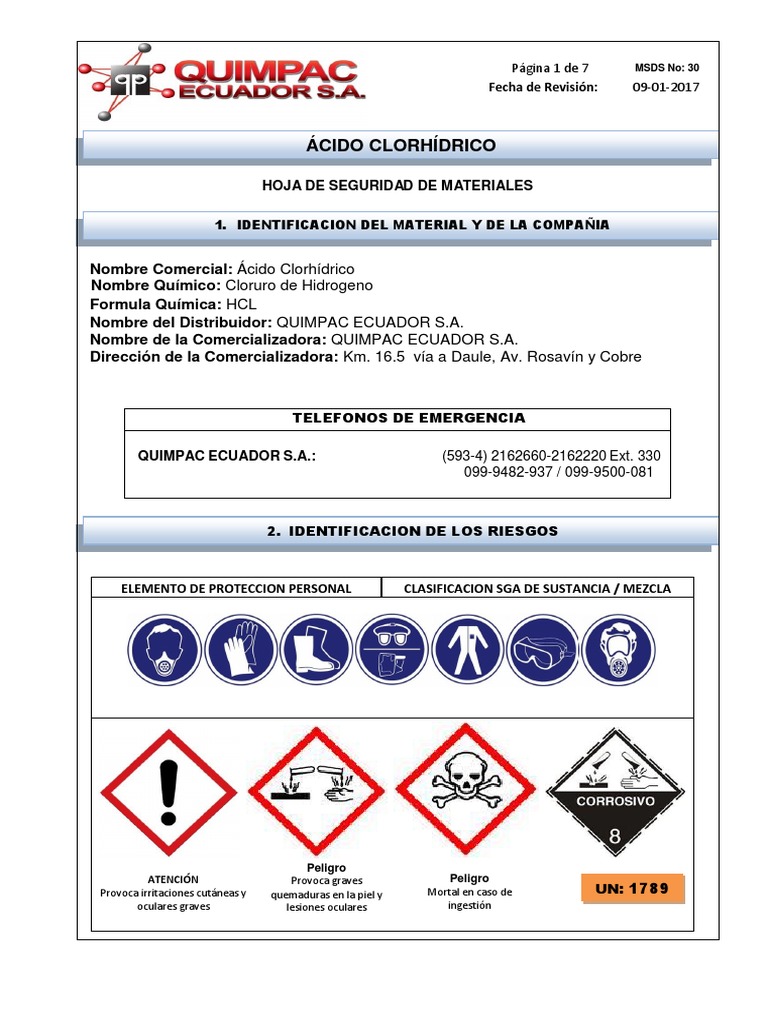 MSDS Ac Clorhidrico | PDF | Ácido clorhídrico | Quemar