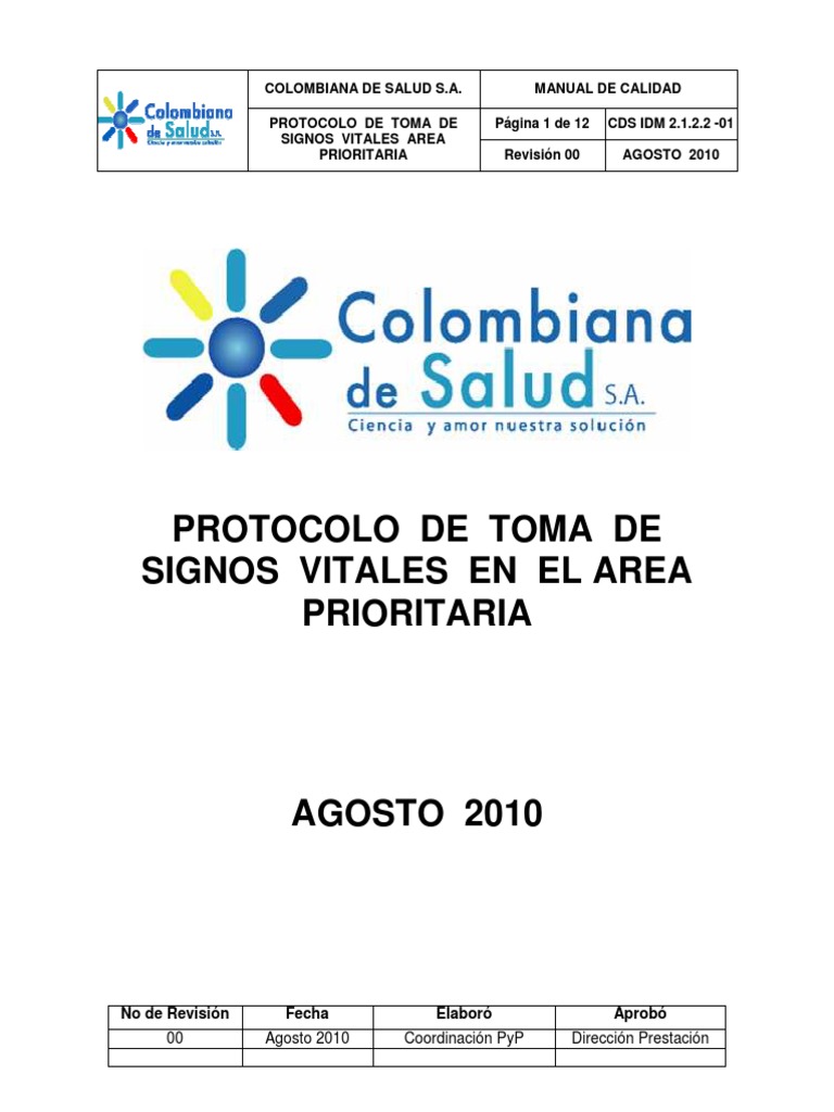 Protocolo de Control de Signos Vitales Area Prioritaria | PDF | Presión ...