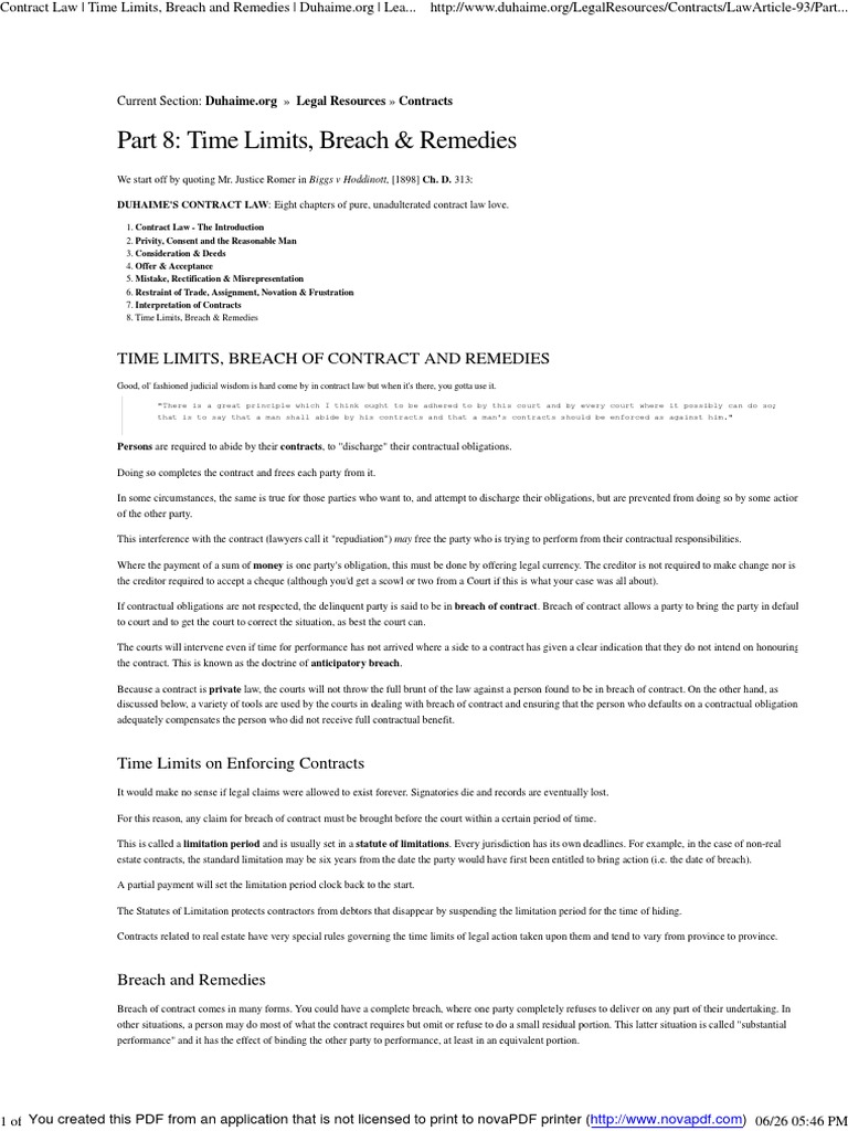 Contract Breach & Remedies Guide | PDF | Specific Performance | Damages