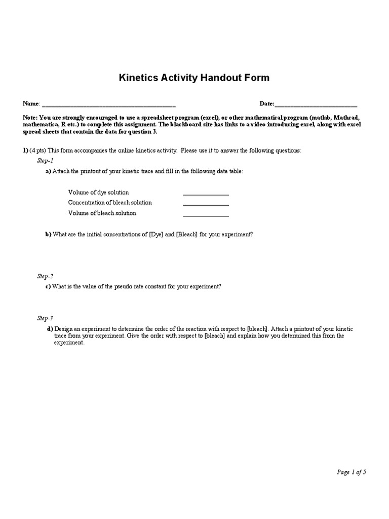 Handout Form Kinetics | PDF | Chemical Kinetics | Bleach