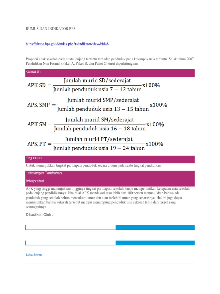 RUMUS BPS DAN RUMUS Angka Partisipasi Kasar (APK) | PDF