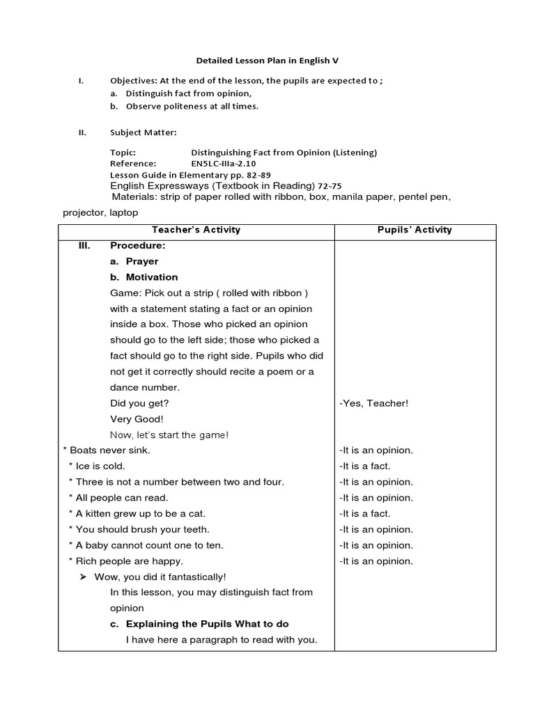 Detailed Lesson Plan in English V-Fact and Opinion | PDF | Veterinary ...