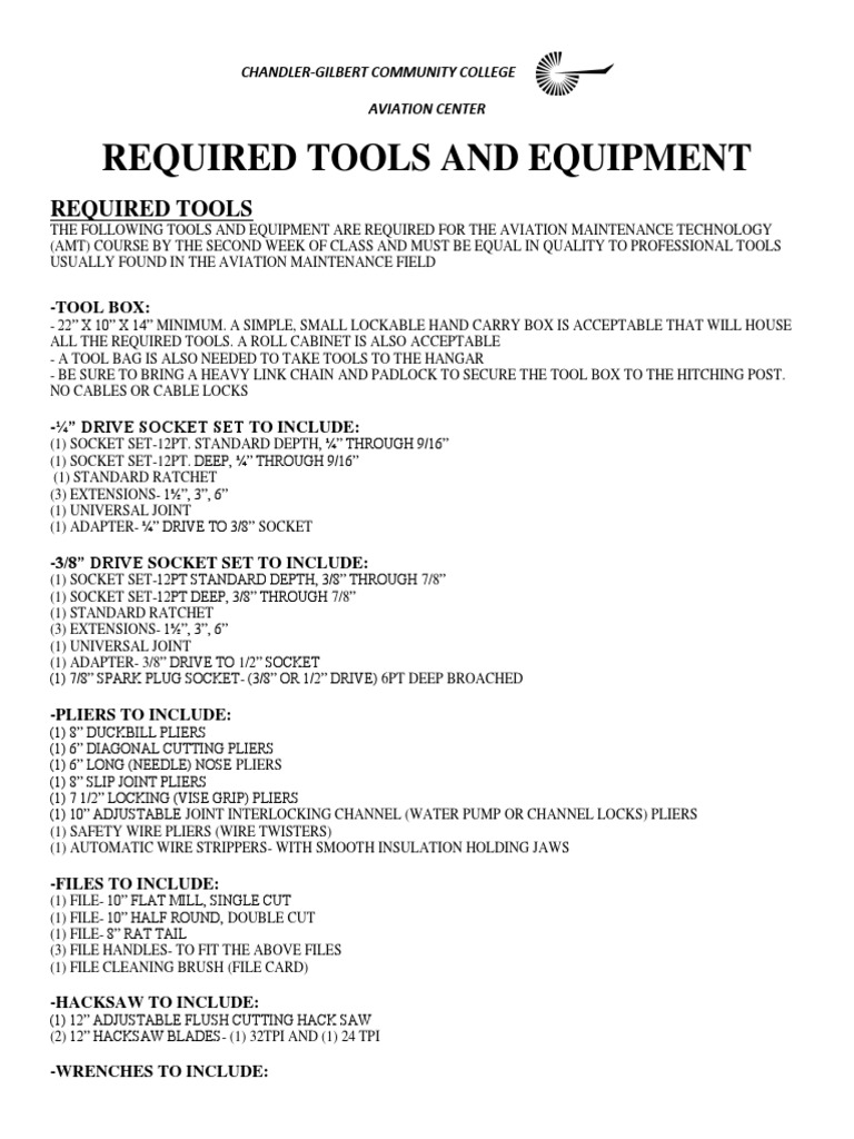 AMT Required Tool List | PDF | Tools | Equipment