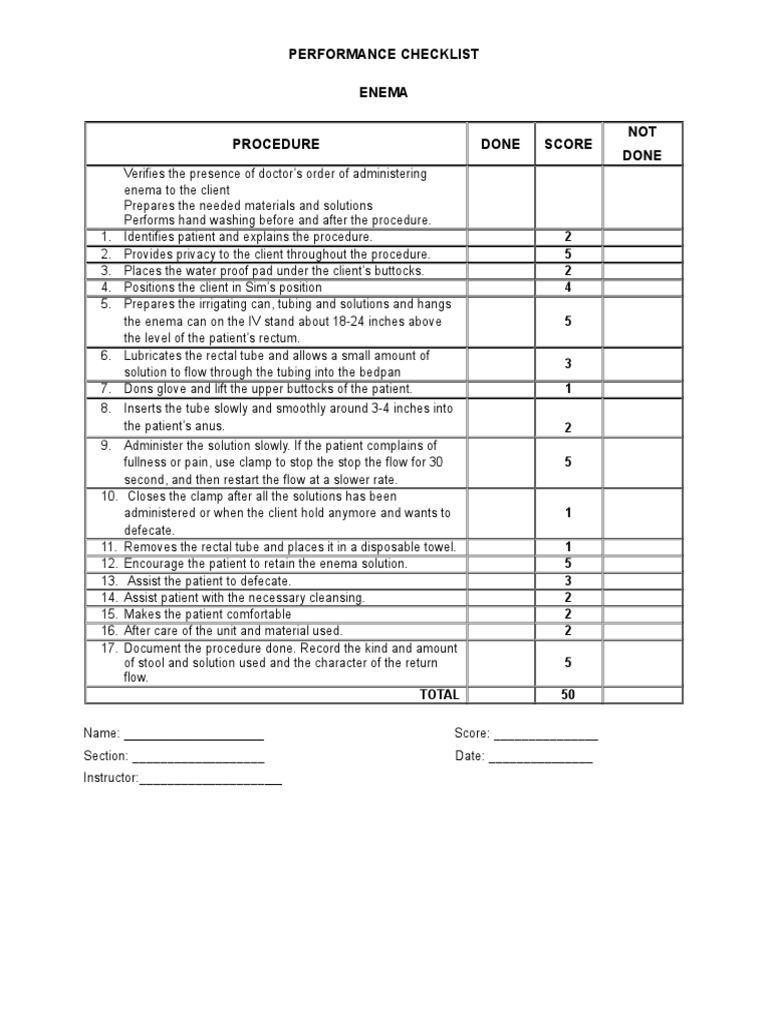 Enema Checklist | PDF | Rectum | Clinical Medicine