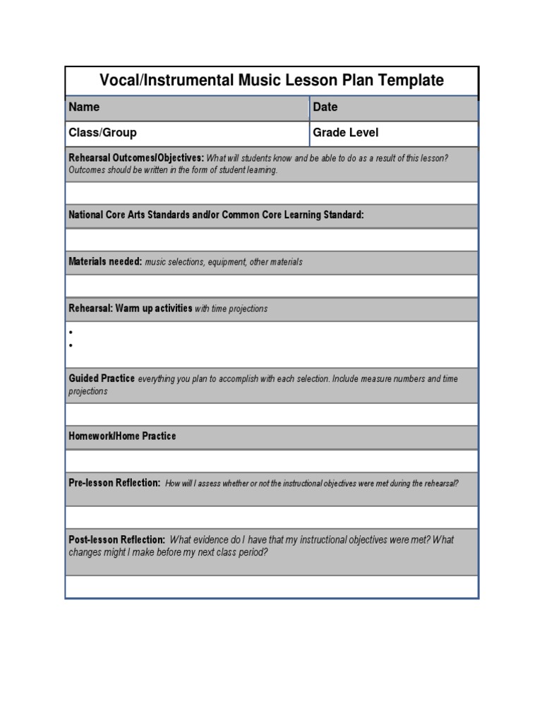 Vocal/Instrumental Music Lesson Plan Template: Name Date Class/Group ...