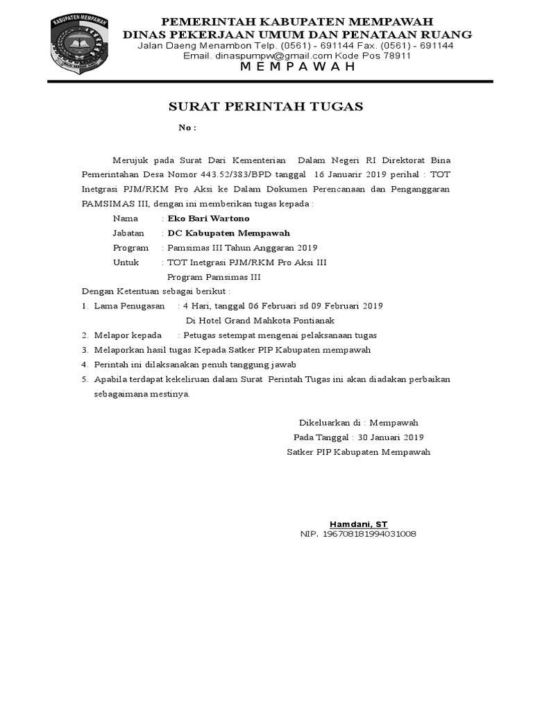 Surat Perintah Tugas Pamsimas III Mempawah | PDF