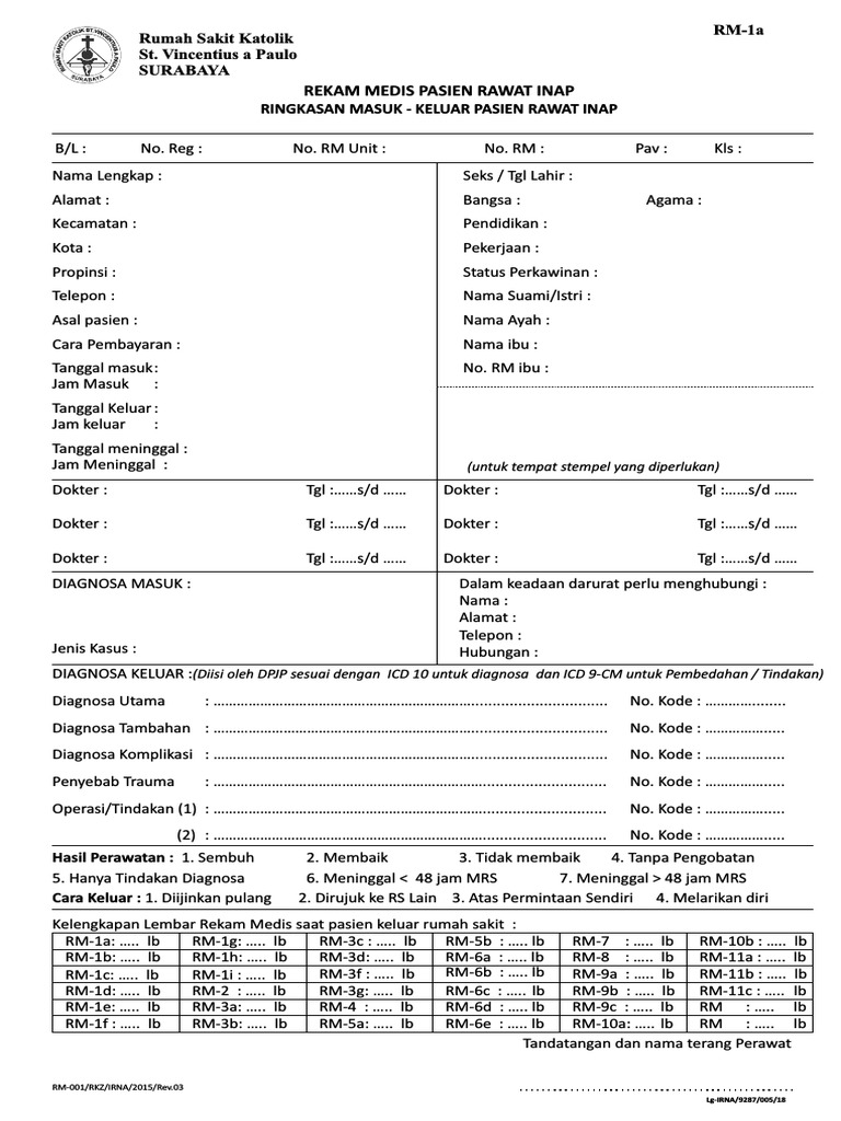 Rekam Medis Pasien Rawat Inap: Rumah Sakit Katolik St. Vincentius A Paulo Surabaya RM-1a | PDF