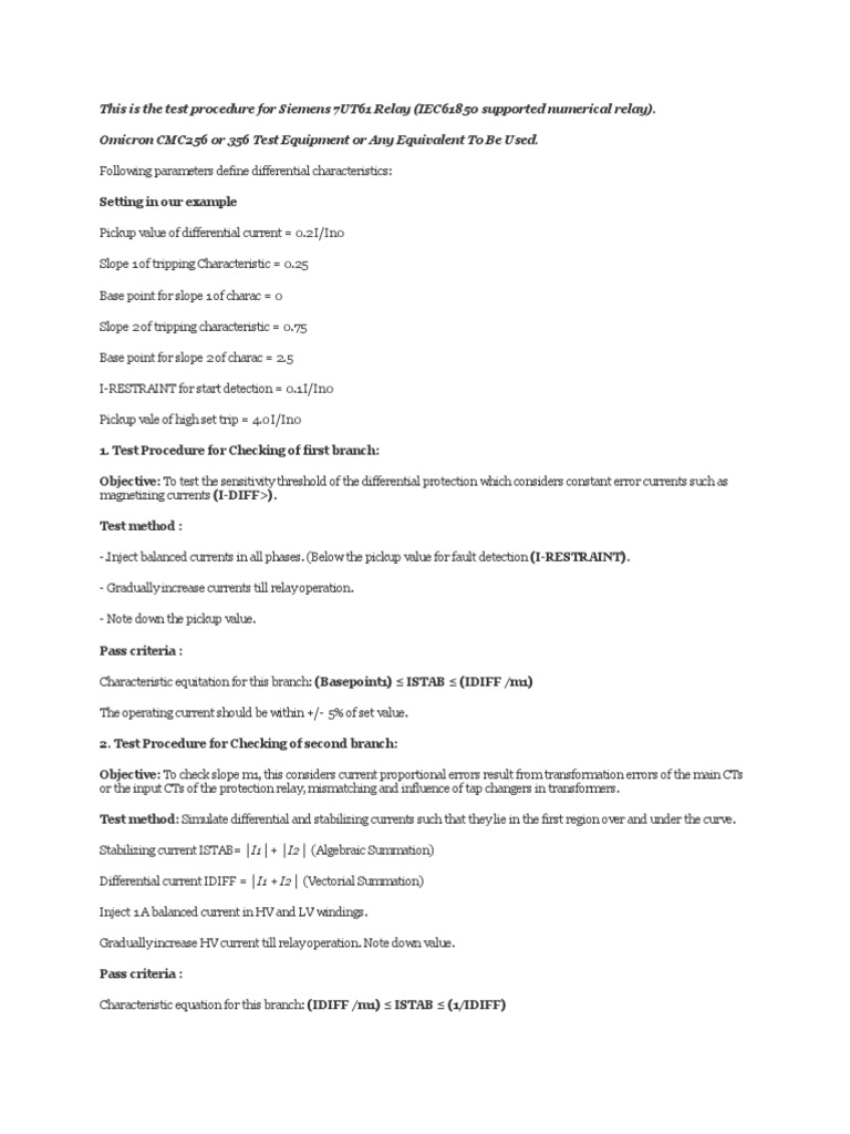 This Is The Test Procedure For Siemens 7UT61 Relay | PDF | Transformer ...