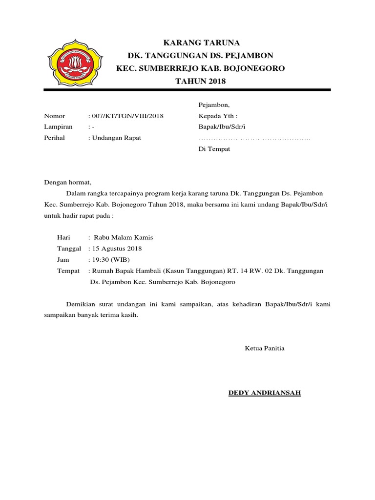 Undangan Rapat Karang Taruna | PDF