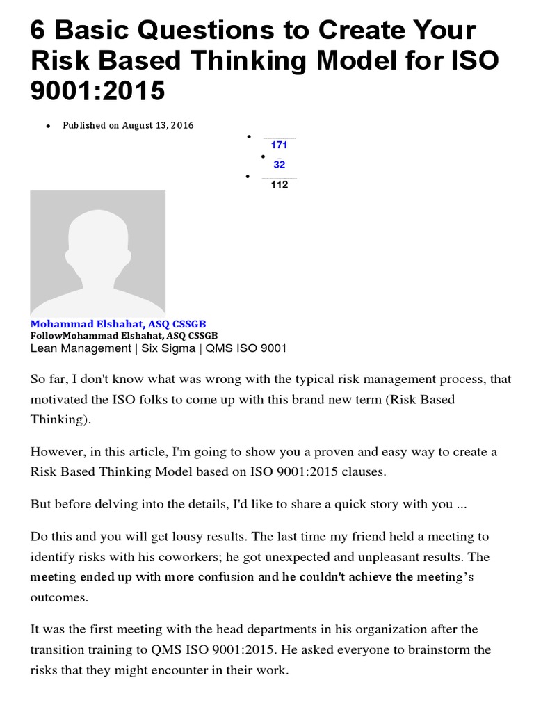 ISO 9001:2015 Risk Thinking Guide | PDF | Risk Management | Audit