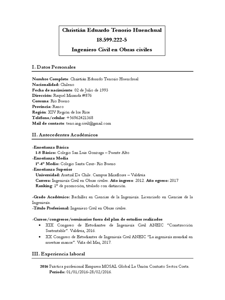 Curriculum Vitae Christian Tenorio | PDF | Ingeniero civil | Ingeniería