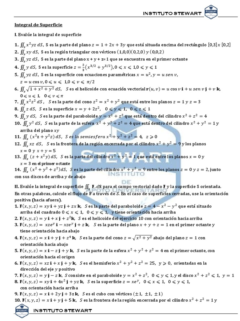 Ejercicios Integral de Superficie | PDF | Divergencia | Integral