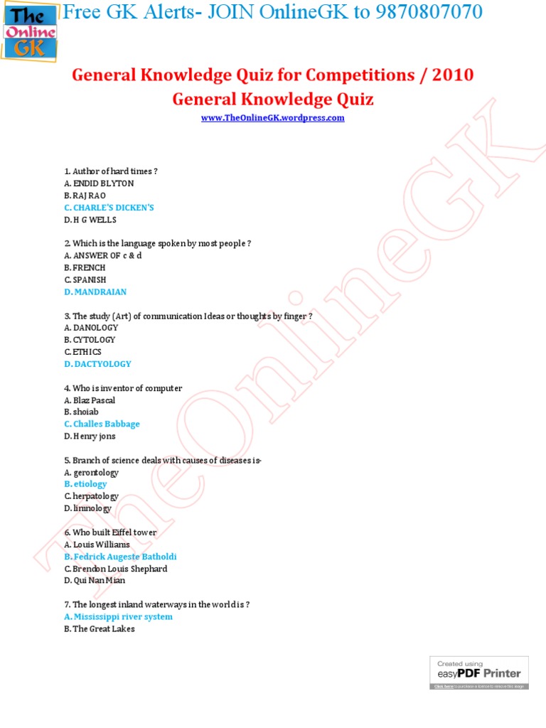 General Knowledge Quiz For Competitions | PDF | Sports