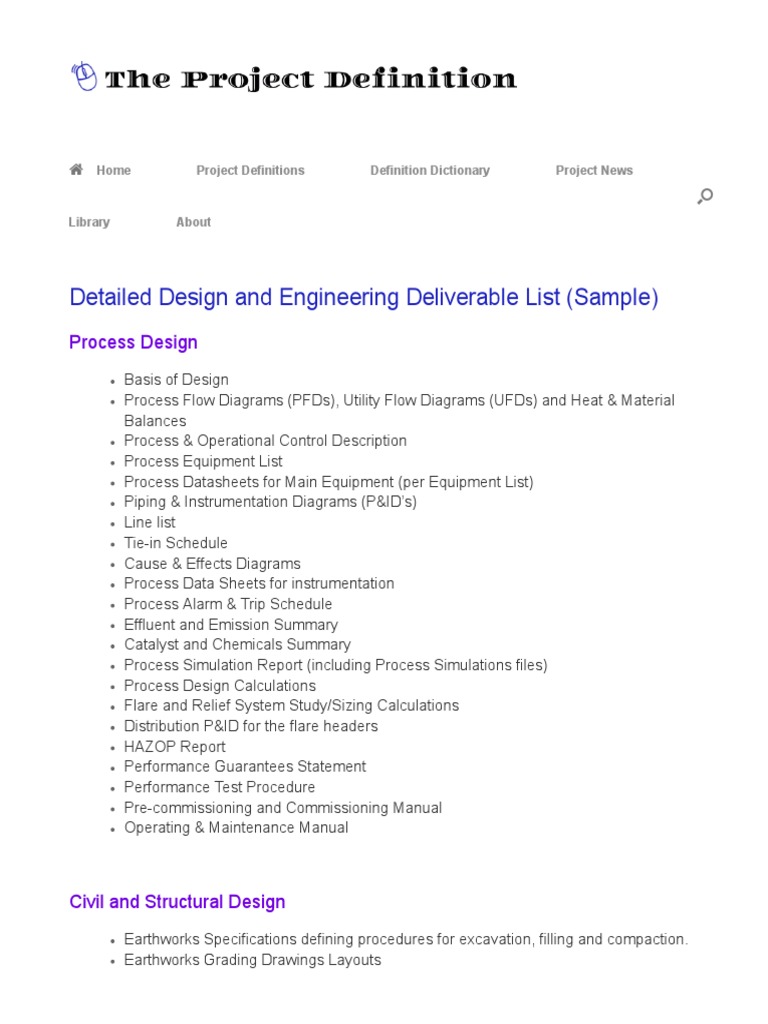 Detailed Design and Engineering Deliverable List (Sample) - The Project ...