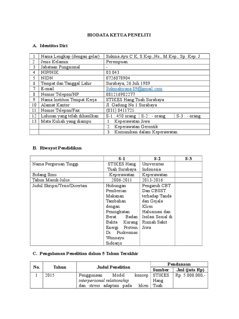 Format Biodata Biodata Ketua Dan Anggota Tim Peneliti PDP | PDF