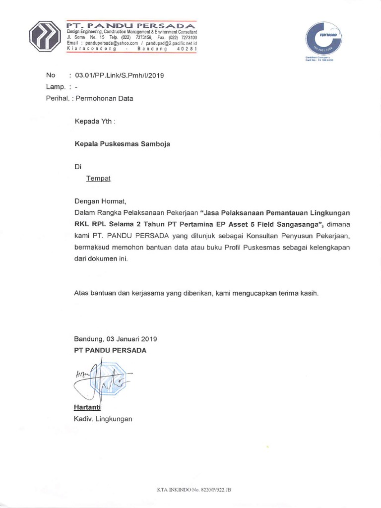 Permohonan Data PT Pandu Persada | PDF