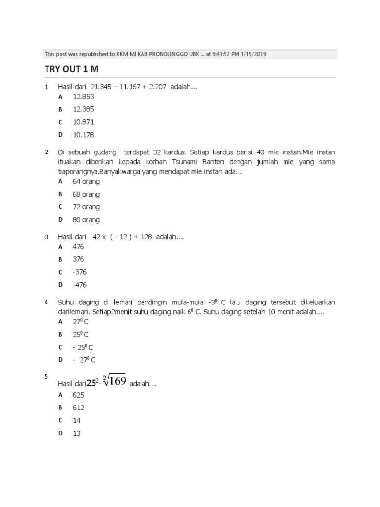 Soal Try Out 1 Matematika | PDF