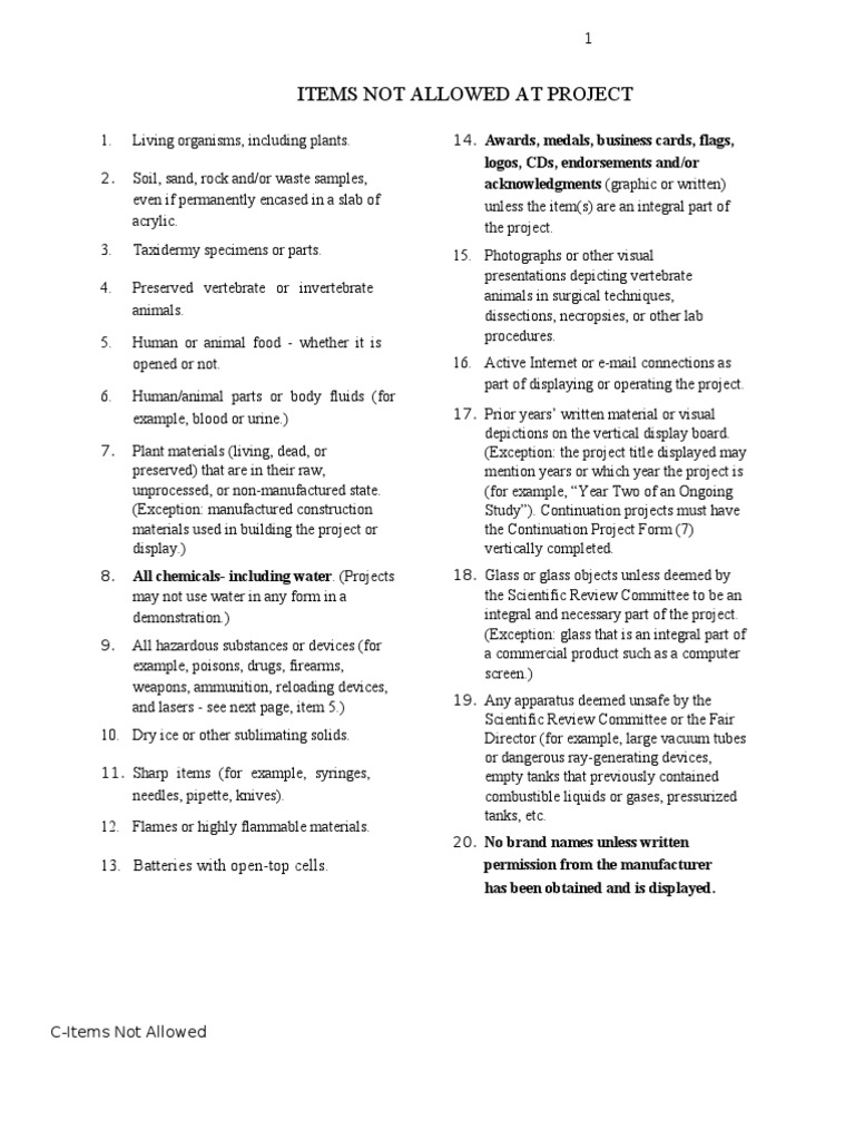 Items Not Allowed | PDF | Laser | Chemistry