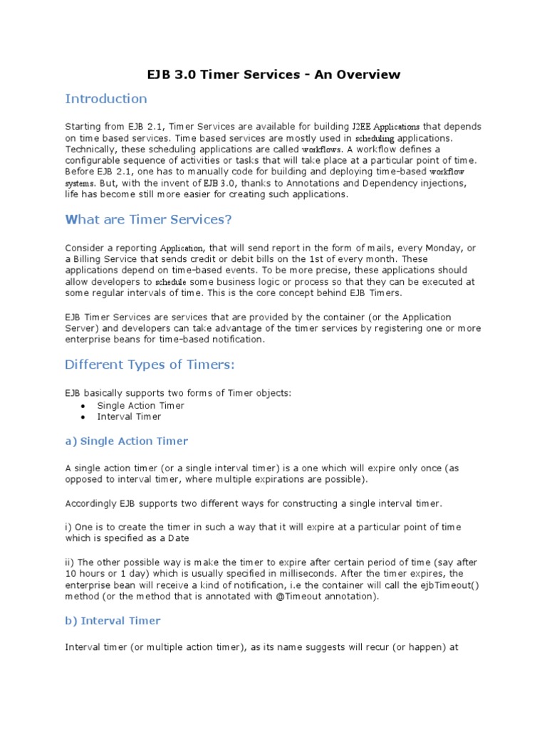 EJB 3.0 Timer Services - An Overview | PDF | Enterprise Java Beans | Method (Computer Programming)