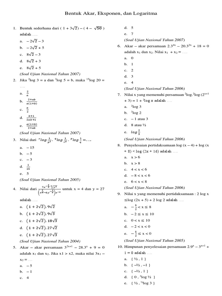 Soal Latihan Akar, Eksponen, Dan Logaritma | PDF