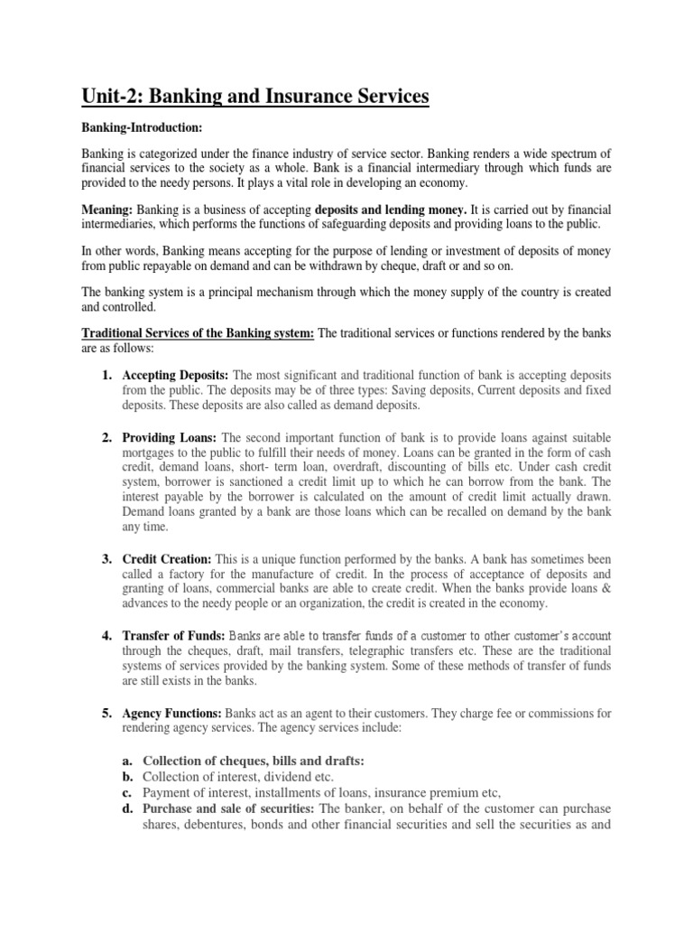 Unit-2: Banking and Insurance Services: Collection of Cheques, Bills ...