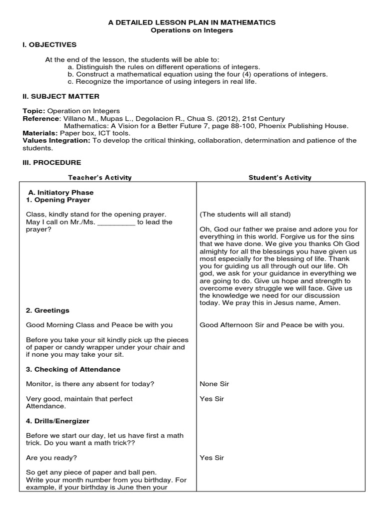 A Detailed Lesson Plan in Mathematics | PDF | Division (Mathematics ...