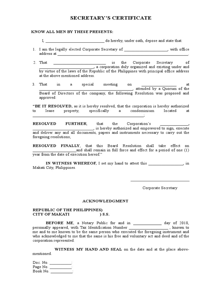Secretary Certificate Template Sample | PDF | Business | Finance ...