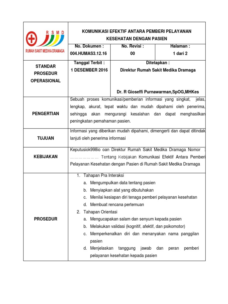 SPO Komunikasi Efektif Antara Pemberi Pelayanan Kesehatan Dengan Pasien | PDF