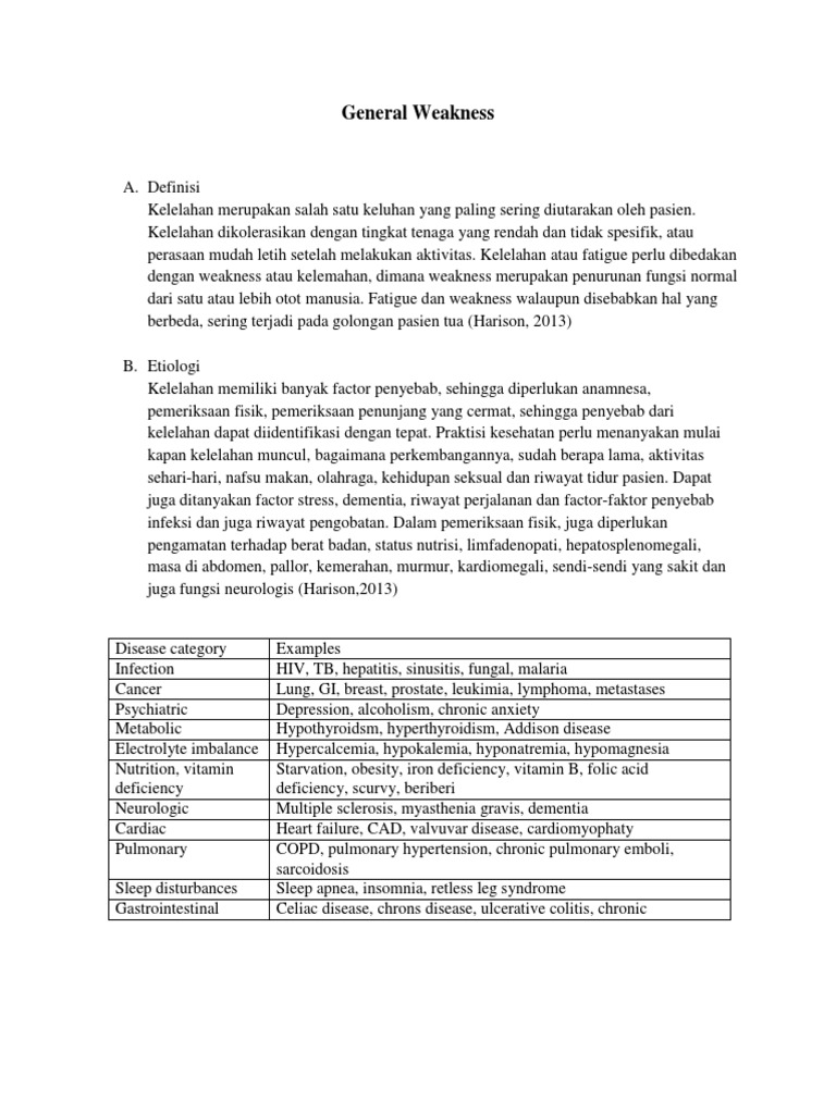 General Weakness: Etiology, Diagnosis, and Management | PDF