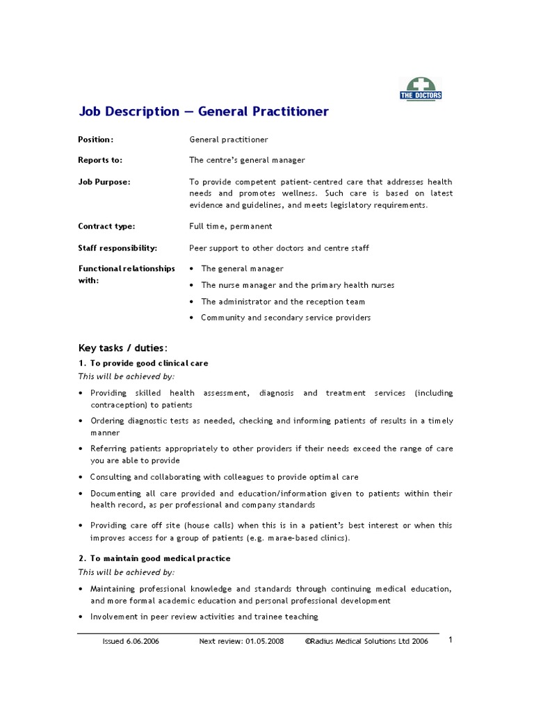Job Description - General Practitioner: Position: Reports To: Job ...