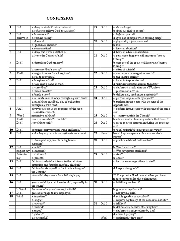Confession Sheet - Eng & Fij | PDF | Marriage | Mass (Liturgy)
