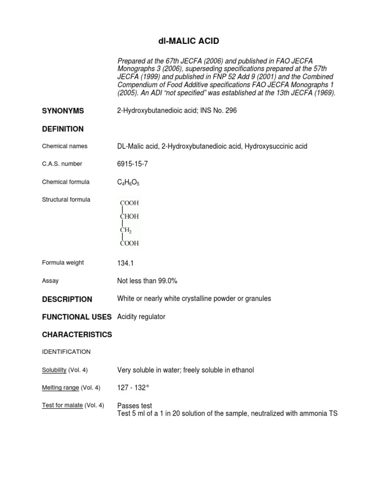 Dl-Malic Acid: Synonyms | PDF